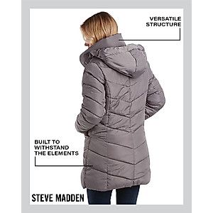 Steve Madden Women's Long Chervron Quilted Outerwear Jacket, Titanium, Large