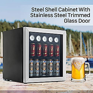 KUPPET 62-Can Beverage Cooler and Refrigerator, Small Mini Fridge for Home, Office or Bar with Glass Door and Adjustable Removable Shelves, Perfect for Soda Beer or Wine, Stainless Steel, 1.6 Cu.Ft.