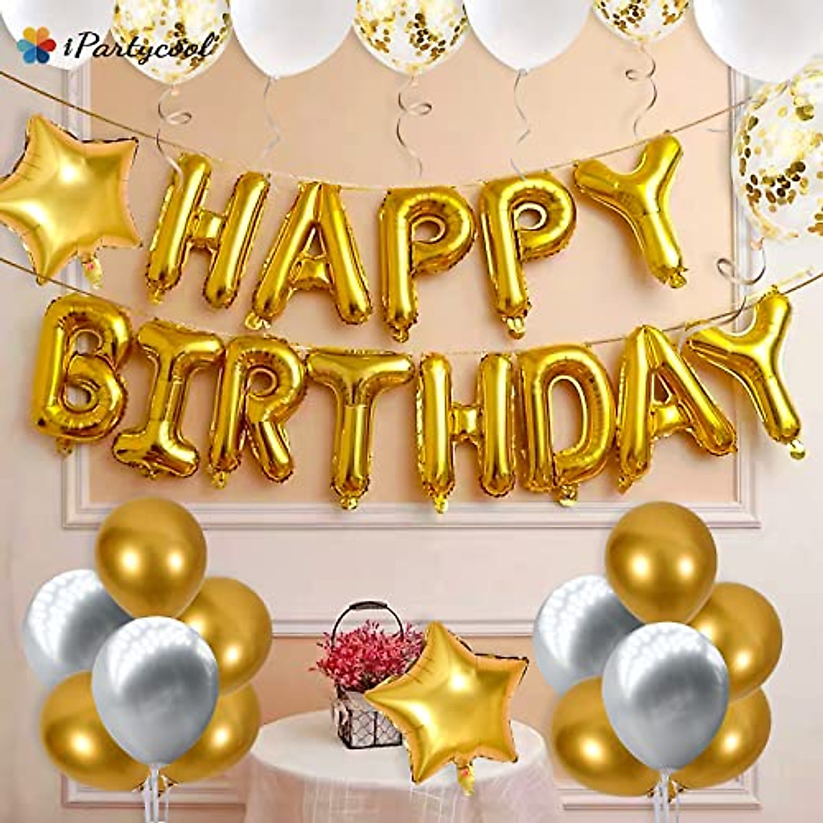 iPartycool 36pcs Birthday Decorations, Birthday Banner, 3D Foil Happy Birthday Balloons Big Star Confetti Metallic Balloons for Kids Girls Boys Men Women Adults Ecofriendly Party Supplies (White Gold)