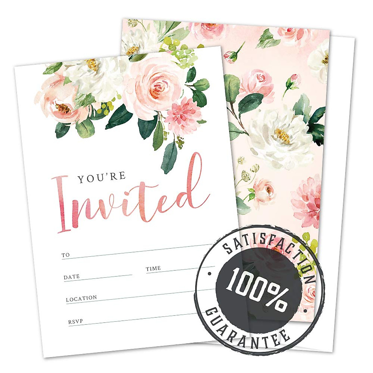 Floral Fill-in Invitations with Envelopes, Perfect for Bridal Shower, Baby Shower, Wedding, Rehearsal Dinner, Birthday Party, Anniversary Party (25 Pack)