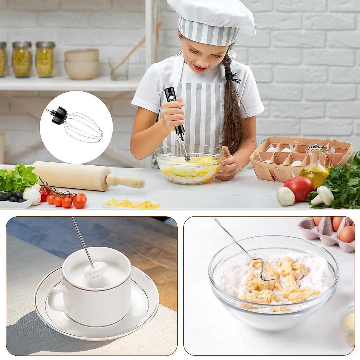 Electric Milk Frother Handheld with 3 Whisks - USB Rechargeable frother 3-Speed Adjustable Foam Maker Drink Mixer for coffee Latte Cappuccino Cake Egg Hot Chocolate