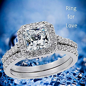 MABELLA Women’s 1.8 Ct Princess Cut 925 Sterling Silver Cubic Zirconia Wedding Engagement Ring Set Bridal Ring Band,Size 6