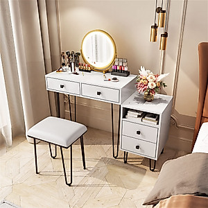 AVZEAR Vanity Mirror, Dressing Table with Lighted Mirror Makeup Dressing Table with Large Drawer and 4-Drawer Chest, 3-Color Touch Screen Dimmable Mirror with Cushioned Stool, White