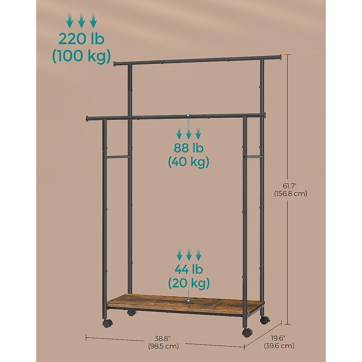 SONGMICS Clothes Rack with Wheels, Double-Rod Clothing Rack for Hanging Clothes, 38.8 Inches Garment Rack with Shelf, Loads up to 220 lb, for Bedroom, Closet, Rustic Brown and Ink Black UHSR152B01