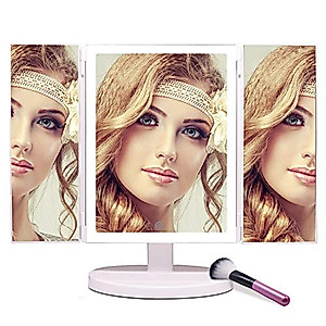 KXA Tri-Fold Vanity Mirror, 24 LED Lighted with Touch Screen 1X/2X/3X Magnification and USB Charging Adjustable Brightness and Stand for Makeup