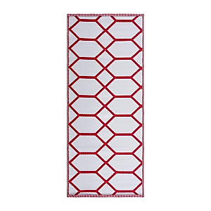 Outdoor Runner - Recycled Plastic Floor Runner Rug for Patio, Camping, Beach, Balcony, Porch, Deck - Weather, Water, Stain, Lightweight, Fade and UV Resistant - Miami- Red & White (2'4''x6')