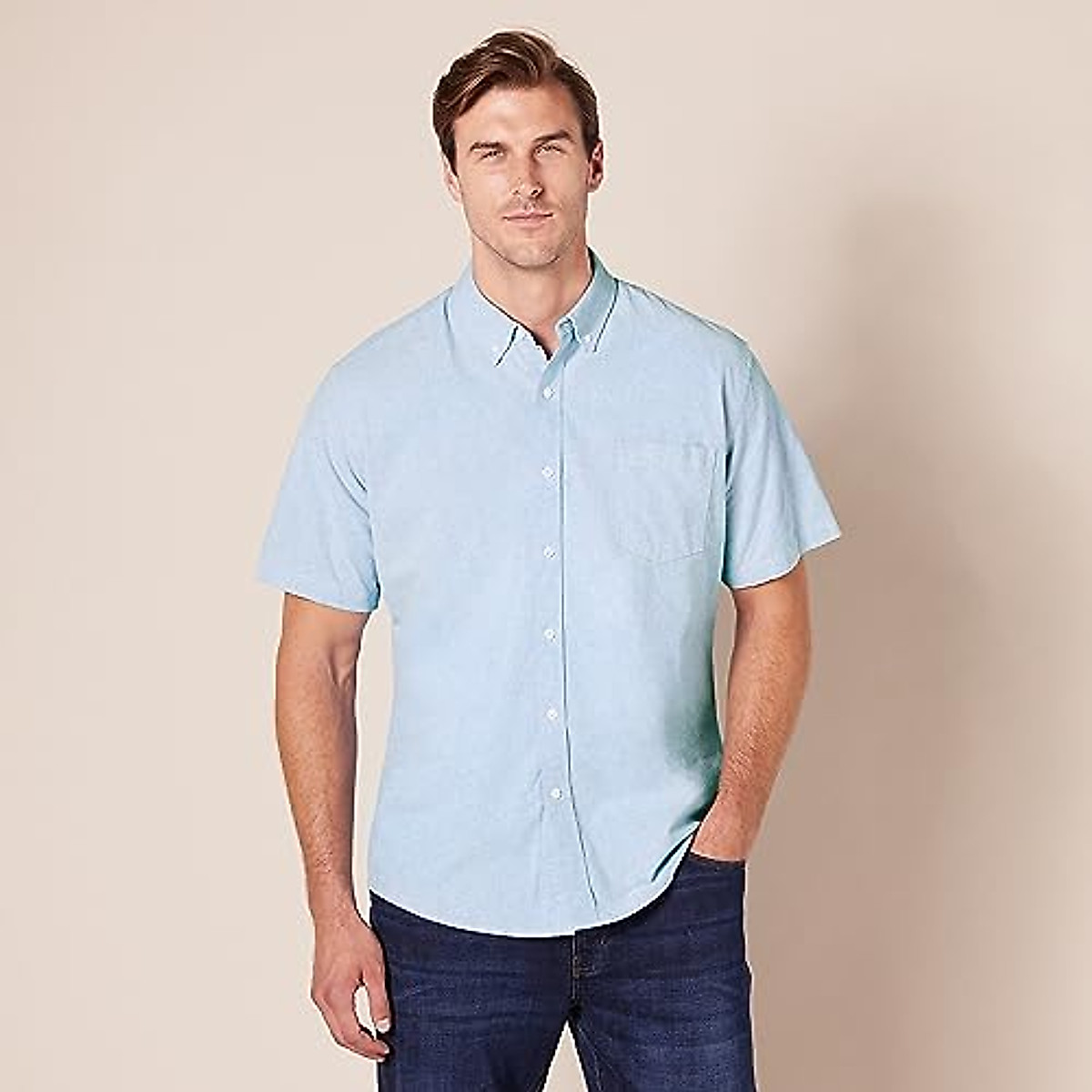 Amazon Essentials Men's Regular-Fit Short-Sleeve Pocket Oxford Shirt, Blue, X-Large