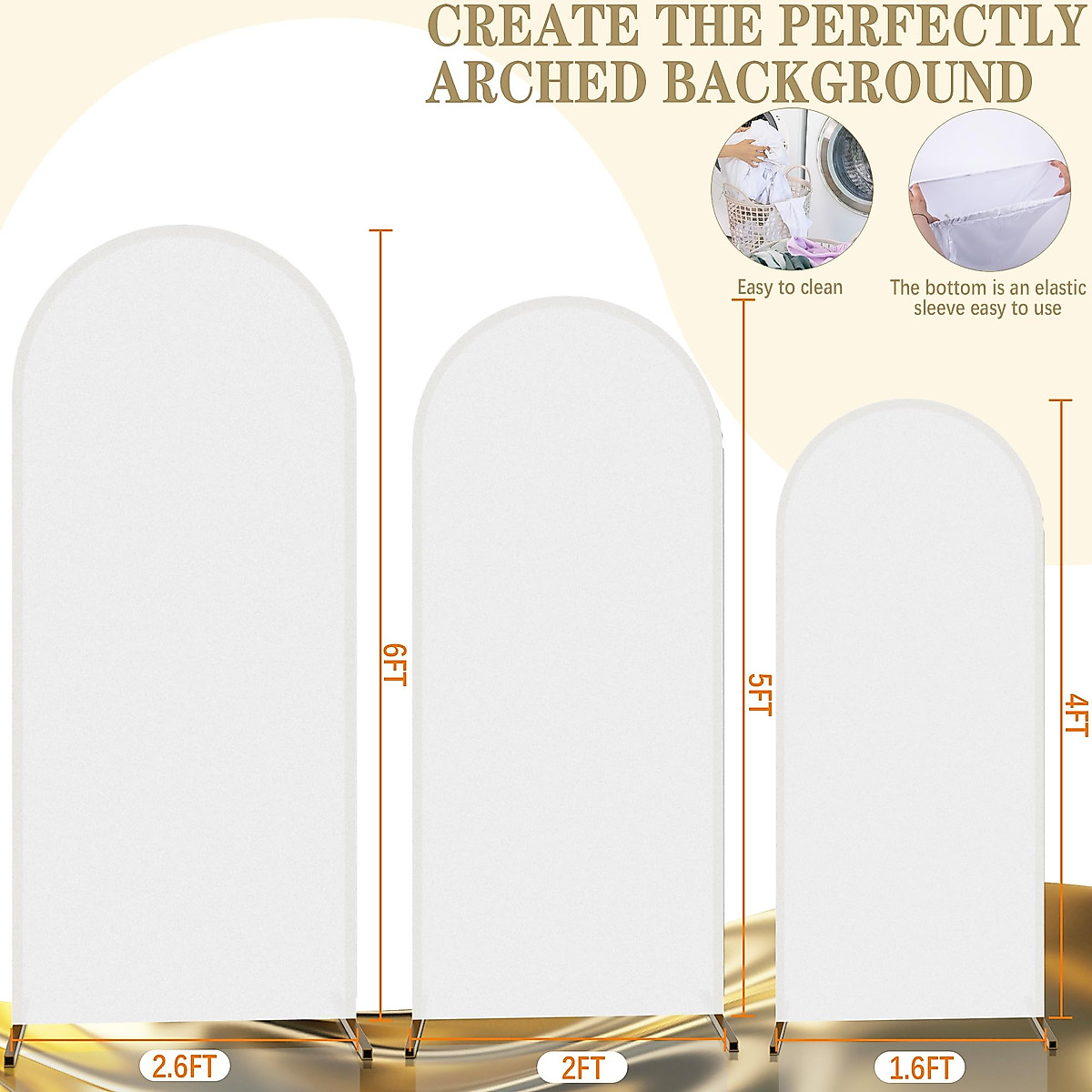 3 Pcs Arch Backdrop Cover- Spandex Fitted Round Top Wedding Arch Cover- 2 Sided Arch Stand Cover Backdrop Fabric for Wedding Birthday Banquet Decor, 4Ft & 5Ft & 6Ft (Frame Not Included)