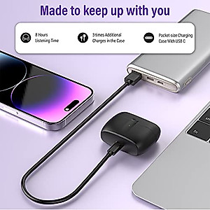 bakibo Wireless Earbuds, Bluetooth 5.3 in-Ear Earphones with Built-in 6 Mic Waterproof Ear Buds Deep Bass Stereo Headphones, 32 Hours Play Time Type-C Fast Charging Case for iPhone Android, Dark Black