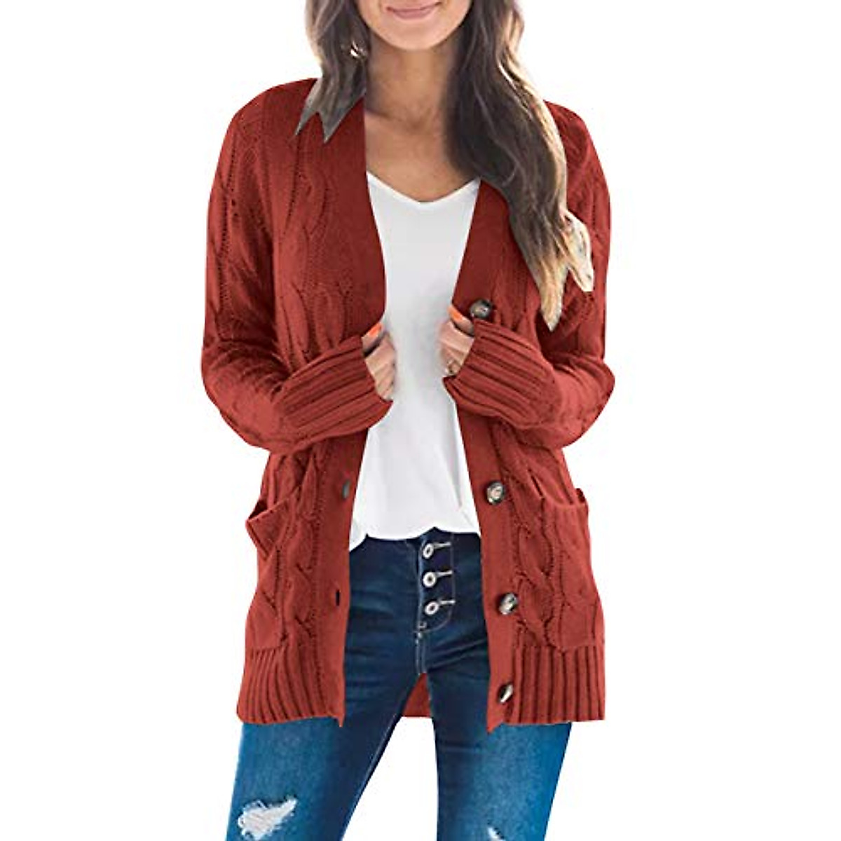 MEROKEETY Women's 2023 Fall Long Sleeve Cable Knit Sweater Open Front Cardigan Button Loose Outerwear Rust