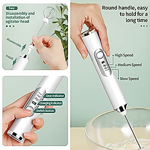 Milk Frother Handheld USB Rechargeable Milk Foam Maker with 2 Stainless Whisks, Mini Blender Mixer 3 Speeds Adjustable for Coffee, Latte, Cappuccino, Matcha, Hot Chocolate, Egg, White