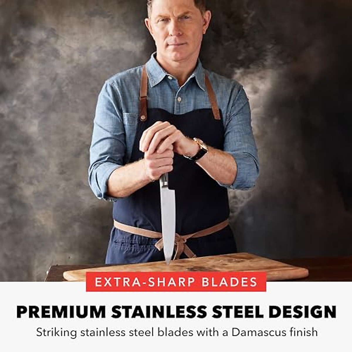 GreenPan x Bobby Flay 13 Piece Stainless Steel Cutlery Kitchen Knife Block Set, Premium Stainless Steel Blades, Acacia Wood Knife Block, Hand Finished Wood Handle, Damascus Steel Design