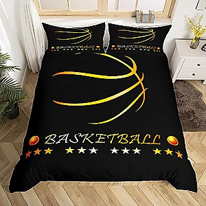 Manfei Basketball Duvet Cover Set Twin Size, Sports Gaming Theme Bedding Set 2pcs for Kids Boys Teens Bedroom Decor, Gold Lines Print Comforter Cover Basketball Sports Quilt Cover with 1 Pillowcase
