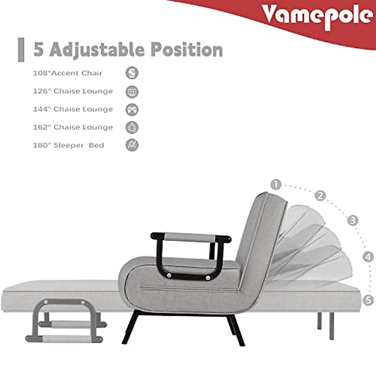 VAMEPOLE Sleeper Chair Bed, 20" Convertible Sofa Bed, 4 in 1 Folding Bed with 5-Position Adjustable Backrest & Pillow, Lazy Chaise Lounge Couch, Small Futon Chair Couch for Small Spaces (Light Grey)