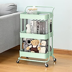 TOOLF 3 Tier Metal Rolling Cart, Utility Cart with Handle, Multifunction Storage Cart with Lockable Wheels, Serving Organizer Trolley with Mesh Basket for Kitchen, Bathroom, Office