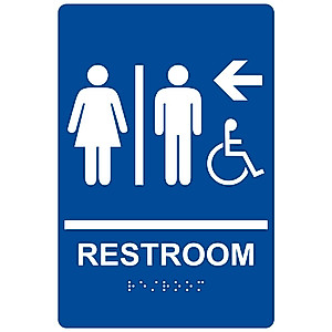 ComplianceSigns.com Wheelchair Accessible Restroom Left Sign, ADA-Compliant Braille and Raised Letters, 9x6 in. Blue Acrylic with Mounting Strips