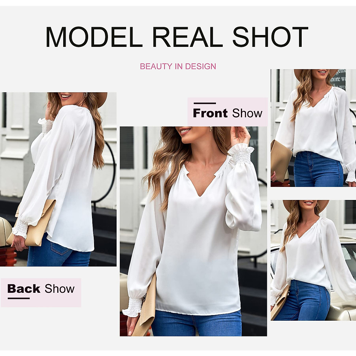 Dokotoo Spring Summer Tops for Women Trendy Elegant Ladies Tops and Blouses for Women Dressy Casual Long Sleeve Shirts V Neck Chiffon Blouses Plus Size Business Casual Tops White Blouses for Women XL