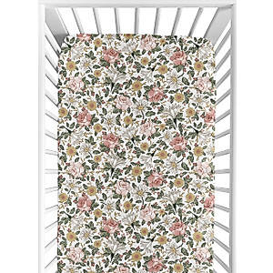 Sweet Jojo Designs Boho Floral Girl Jersey Stretch Knit Baby Fitted Crib Sheet for Soft Toddler Bed Nursery - Blush Pink, Yellow, Green, White Vintage Shabby Chic Rose Flower Farmhouse