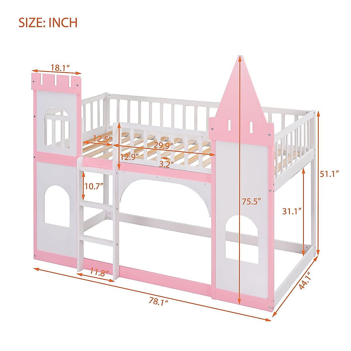 MERITLINE Kids Low Bunk Bed Twin Over Twin, Wooden Castle Shape Loft Bunk Bed Frame for Kids, Toddler Bunk Beds with Safety Rail and Ladder, Floor Bunk Bed for Boys Girls Bedroom Dorm (Pink)