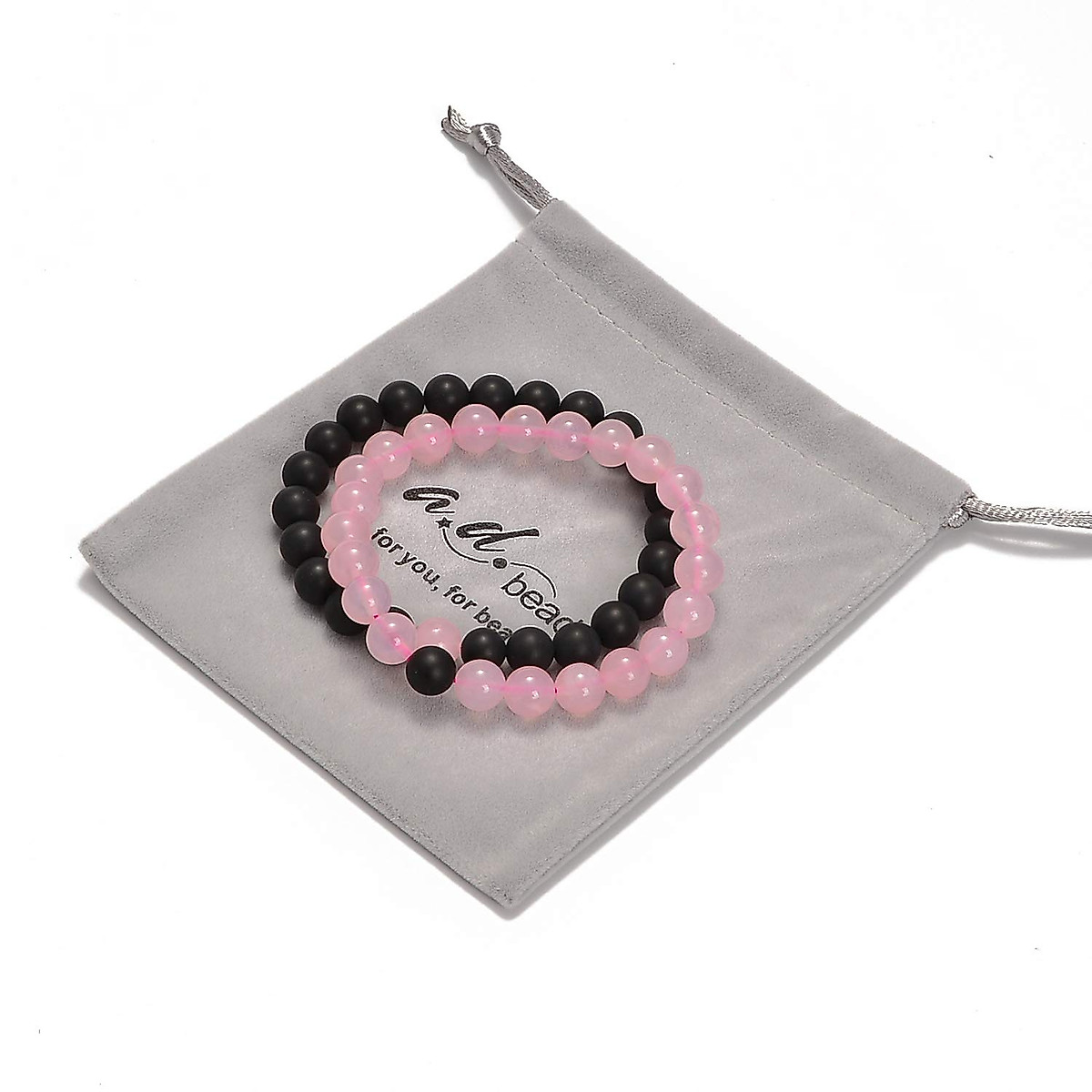 AD Beads 2Pcs His & Hers Distance Beads Bracelets Elastic Natural Stone Yoga Bracelet (Matt Black Agate+Rose Quartz)