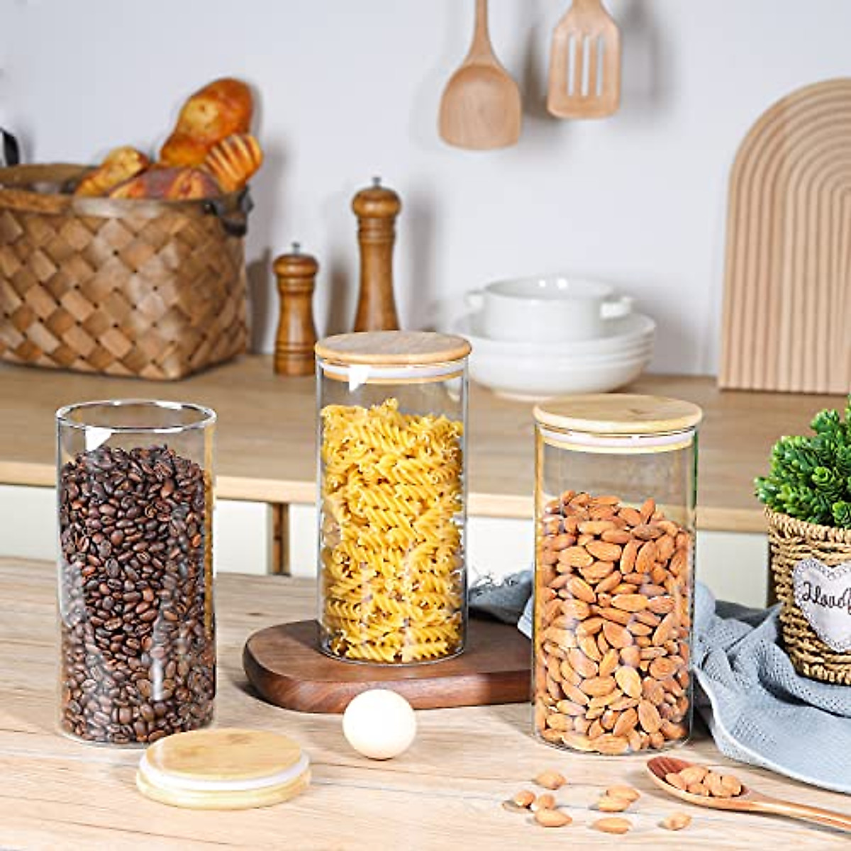 ComSaf Airtight Glass Storage Canister with Wood Lid(40oz), Clear Food Storage Container Jar with Sealing Bamboo Lid for Noodles Flour Cereal Rice Sugar Tea Coffee Beans, Round Set of 3