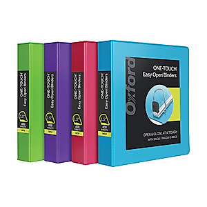 Oxford 3 Ring Binders, 1.5 inch ONE-Touch Easy Open D Rings, Durable Binders for School and Office, ClearVue, Xtralife Hinge, Non-Stick, PVC-Free, Assorted Colors, Holds 375 Sheets, 4 PK (79908)