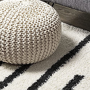 JONATHAN Y MOH402A-3 Alaro Berber Stripe Shag Indoor Area-Rug Bohemian Geometric Contemporary Glam Easy-Cleaning Bedroom Kitchen Living Room Non Shedding, 3 X 5, White/Black