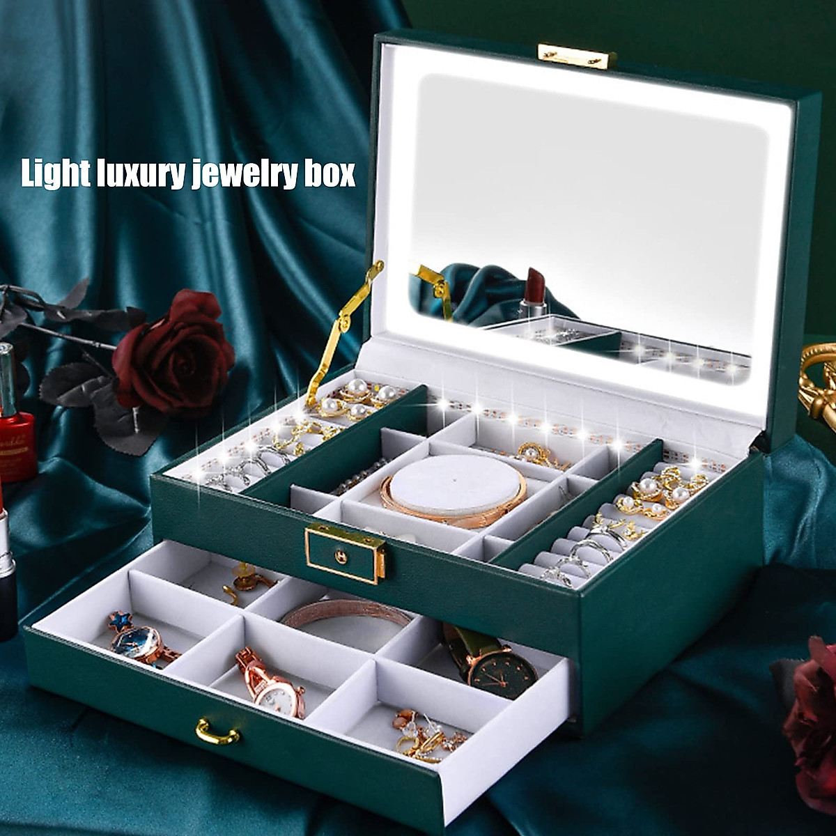 Jewelry Box Lingge Jewelry Box Multilayer Jewelry Box LED Makeup Jewelry Pull-Out Jewelry Box Storage