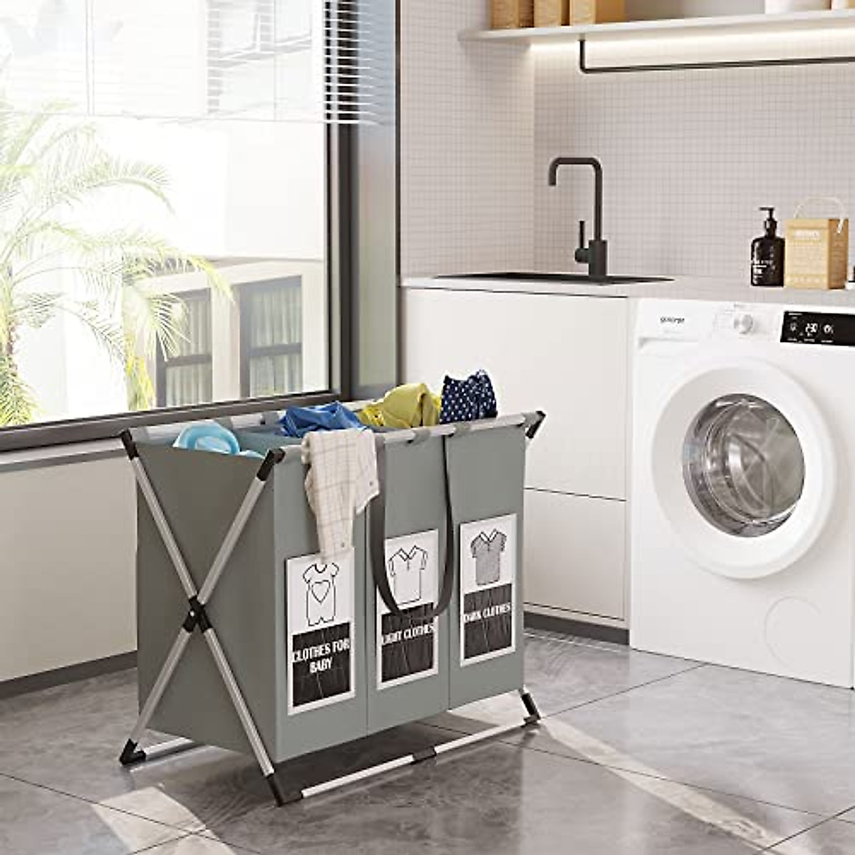 C&AHOME Laundry Basket 3 Sections, 135L Foldable Laundry Hamper Basket Sorter with Waterproof Oxford Bag and Aluminum Frame, Laundry Sorter Storage Dirty Clothes Bag for Bathroom Bedroom, Grey AFLH03G