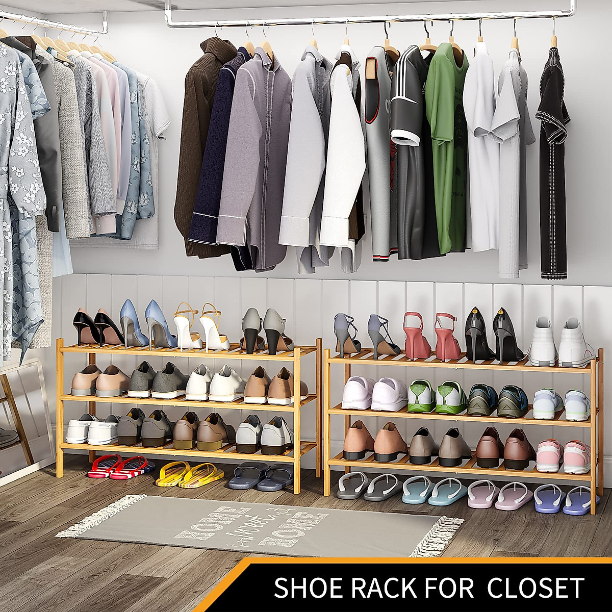 Furshus Long Shoe Rack, 3-Tier Bamboo Stackable Shoe Shelf Storage Organizer, Shoe Stand for Closet, Entryway and Hallway