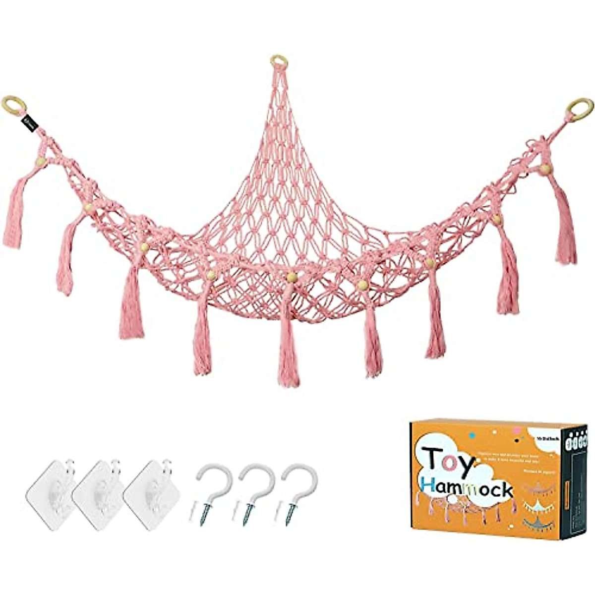 Stuffed Animal Toy Hammock Corner Hammock Organizer Display Rack Bohemian Net Bag For Hanging Toys Hanging Stuffed Animal Organizer Corner Toy Storage Rack Stuffed Animal Net Tassel 44 In (Pink)