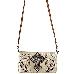 Zelris Fall Fern Leaf Western Cross Women Conceal Carry Handbag Wallet Set (Beige)