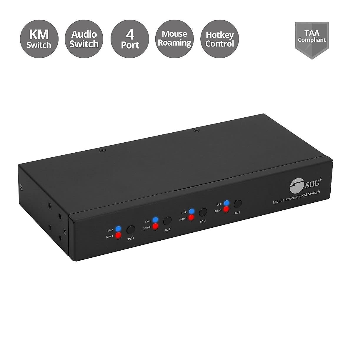 SIIG 4-Port Quad Computers Keyboard and Mouse Roaming Control Switch with USB 2.0 Hub, KM Switch, Support Windows, Mac and Linux Switch Button, Hotkeys,TAA Compliant (JU-SW4311-S1)