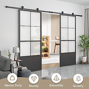JUBEST Double Barn Door 72 x 84 in with 12FT Hardware Kit and Soft Close Mechanism, 2 Sets of 36x84 in Paneled Frosted Glass Carbon Steel Frame Barn Door,Pocket Interior Door, Easy Assembly