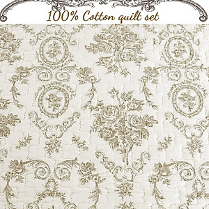 Cozy Line Home Fashions French Medallion 100% Cotton Bedding Quilt Set, Beige Ivory Rose Flower Reversible Coverlet Bedspread (Cream Eggnog, Queen -3 Piece)