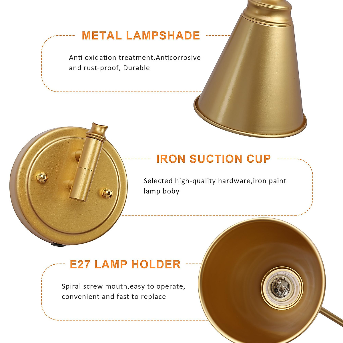SUNLLOK Modern Gold Plug in Wall Sconce with Switch - Industrial Adjustable Swing Arm Hanging Wall Light Fixture - Indoor Metal Rustic Reading Wall Mounted Lamp Decoration for Living Room Kids Bedroom
