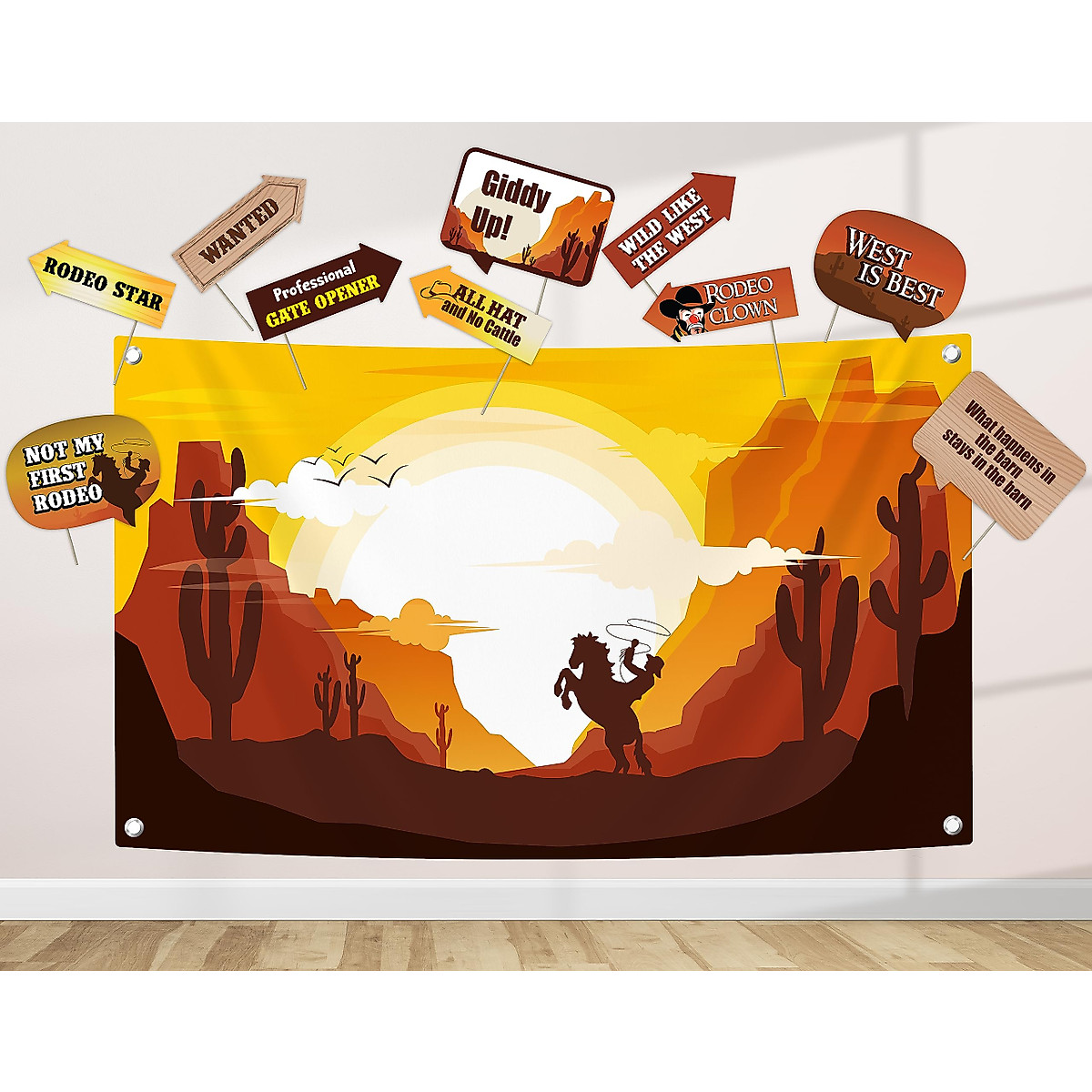 Western Party Decorations - Includes Photography Backdrop & 10 Photo Booth Props with Sticks - Wild West Cowboy Party Banner Birthday Supplies
