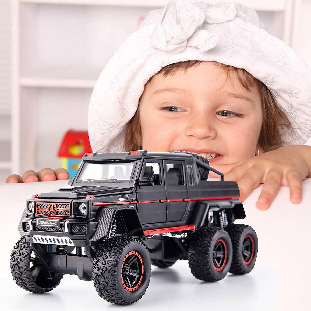 BDTCTK 1/22 Benz G63 AMG 6x6 V12 Off-Road Black Pickup Model Car, Zinc Alloy Pull Back Toy car with Sound and Light for Kids Boy Girl Gift (Black)