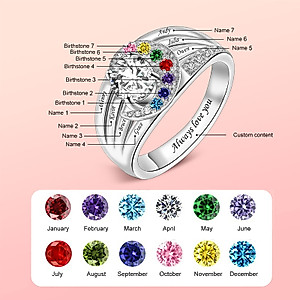 BAUMA AUTO Sterling Silver Personalized Mothers Ring with 1-8 Simulated Birthstones Engraving Family Name Ring for Mother Grandma