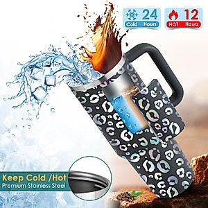 PIMDIR 40oz Leopard Tumbler with Handle Straw Lid, Stainless Steel Vacuum Insulated Reusable Travel Mug Keep Drinks Cold Ice Gym Cup, Gifts for Women Lovers, Car Holder Friendly, Gray