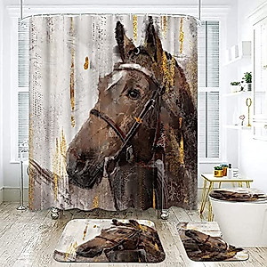SiMiWOW Horse Shower Curtain Western Cowboy Shower Curtain Set with Rugs Wild Animal Shower Curtain with Hooks,Brown Horse Bath Mat Bath Rugs Bathroom Decor Set of 4 Pieces