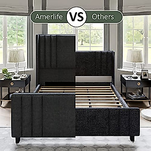 AMERLIFE Queen Size Bed Frame, Velvet Upholstered Platform with Vertical Channel Tufted Headboard & Footboard/Wingback, Mattress Foundation Wood Slats, No Box Spring Needed, Grey (BF-004)