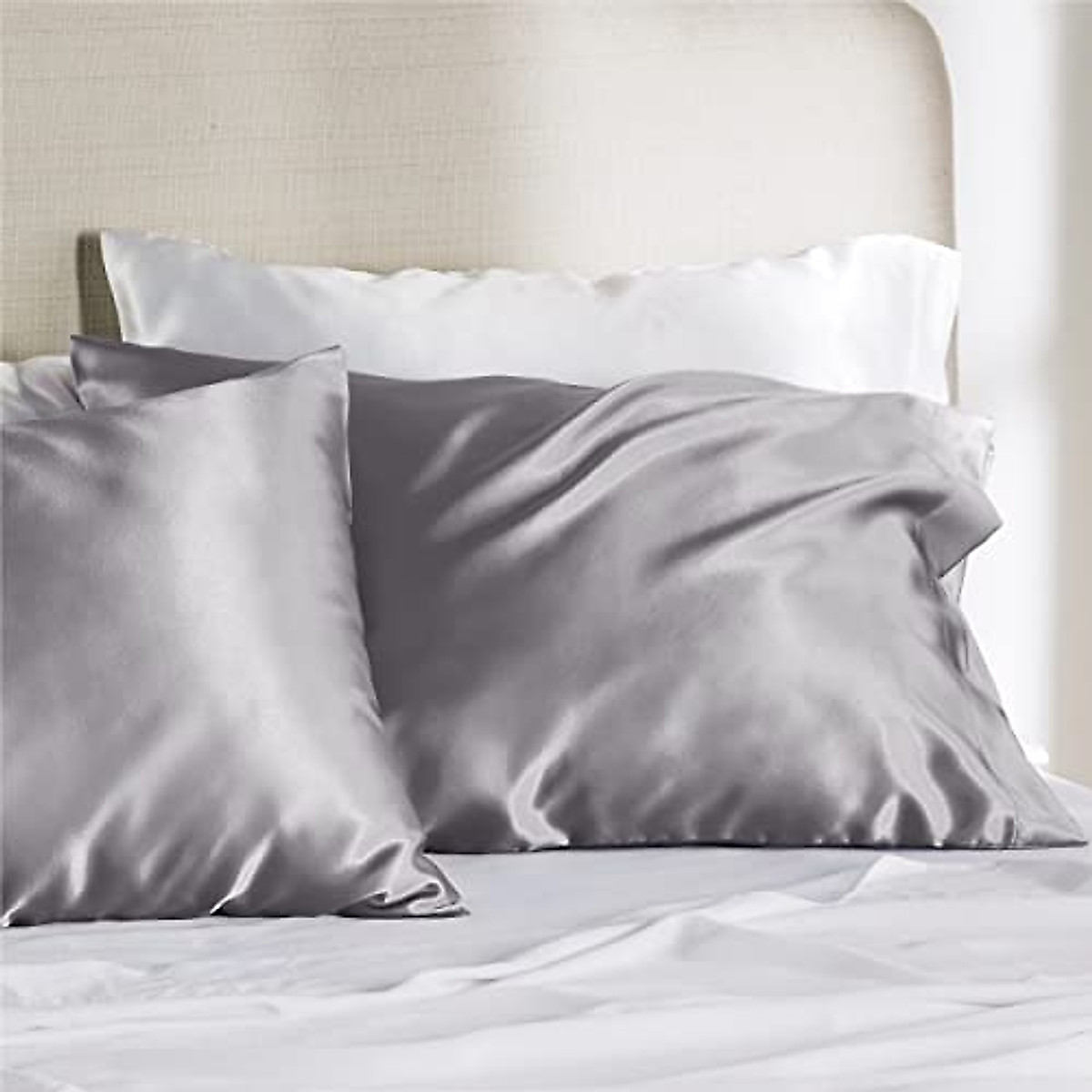 Bedsure Satin Pillowcase Standard Set of 2 - Silver Grey Silky Pillow Cases for Hair and Skin 20x26 Inches, Pillow Covers with Envelope Closure, Similar to Silk Pillow Cases, Gifts for Women Men