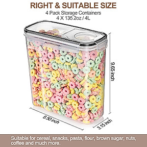 Tiawudi 4 Pk Cereal Containers Storage Set 135.2oz/4L Each, Airtight Food Storage Containers, Large Cereal Dispenser, Kitchen Pantry Organization Containers, with Labels and Measuring Spoons