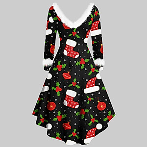 Red Dresses for Women Sexy Santa Christmas Printed Midi Dresses Furry V-Neck A-Line Swing Party Dress Cosplay Costume