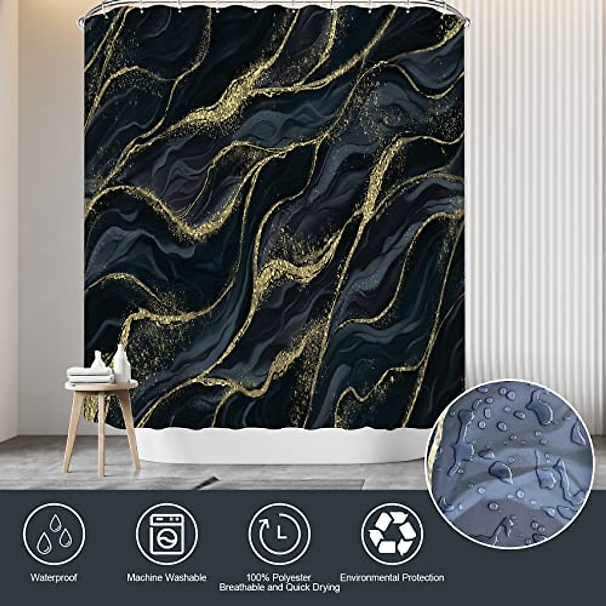 4Pcs Black Marble Shower Curtain Sets, Dark Grey Gold Wave Bathroom Curtain with Toilet Lid Cover, Contour Mat and Bath Rug, Abstract Luxury Night Ripple Marble Modern Bath Decor with 12 Hook, 72 x 72