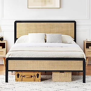 coucheta Queen Rattan Bed Frame, Queen Boho Bed Frame with Curved Natural Rattan Headboard, No Box Spring Needed/Mattress Foundation/Easy Assembly/Metal Slat Support/Bohemian Style