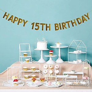 HAPPY 15TH BIRTHDAY Banner，Pre-strung，No Assembly Required，15th Birthday Party Decorations Supplies，Gold Glitter Paper Garlands Backdrops, Letters Gold Betteryanzi