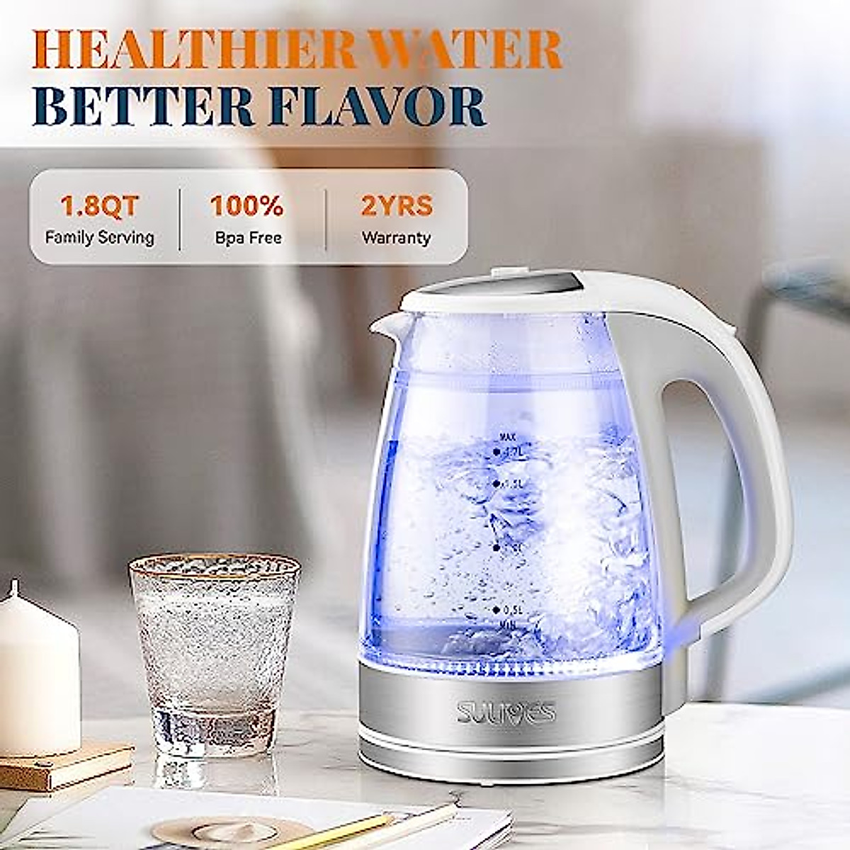 SULIVES Electric Kettle, 1.7L Double Wall Water Boiler, 1200W Hot Water Kettle with Auto Shut-Off and Boil-Dry Protection