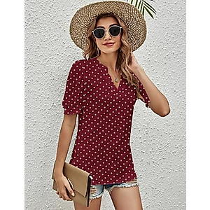 Romanstii Women Tees and Tops Short Sleeve Ruffle V Neck Tunic for Casual Wear,Wine Polka Dot,L